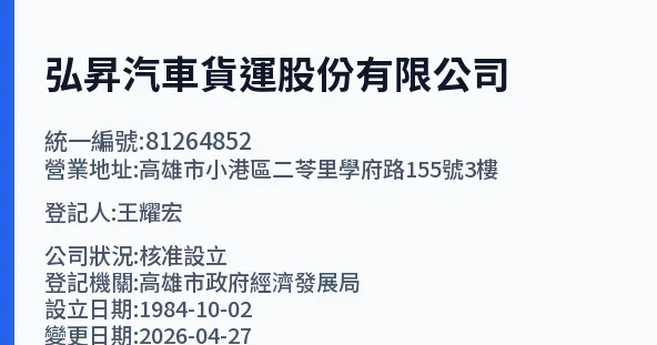 弘昇汽車貨運股份有限公司的照片-統編 81264852(高雄市) 公司登記資料與營業項目詳細圖表