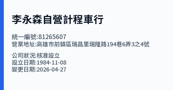 李永森自營計程車行的照片-統編 81265607(高雄市) 公司登記資料與營業項目詳細圖表