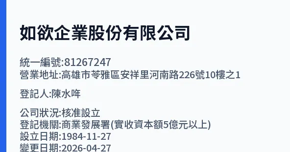 如欲企業股份有限公司的照片-統編 81267247(高雄市) 公司登記資料與營業項目詳細圖表