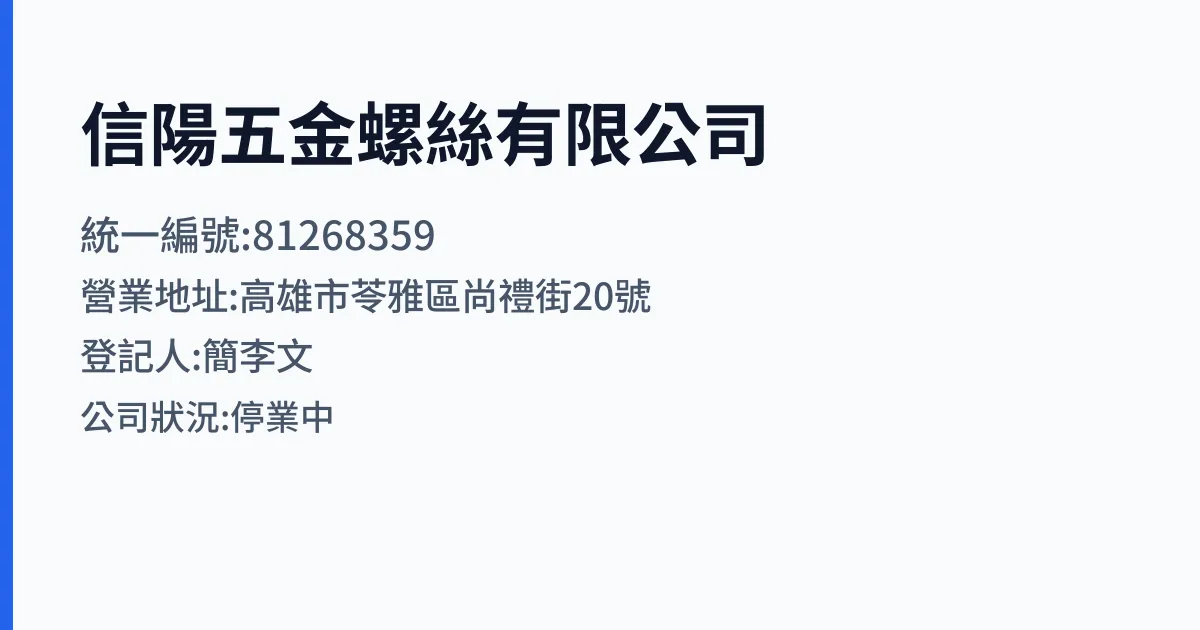 信陽五金螺絲有限公司 - 統編 81268359(高雄市) 公司登記資料與營業項目詳細圖表
