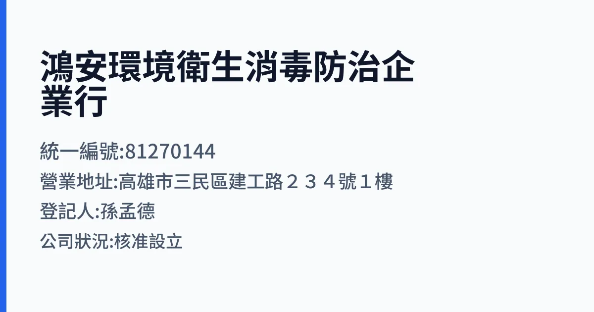 鴻安環境衛生消毒防治企業行 - 統編 81270144(高雄市) 公司登記資料與營業項目詳細圖表