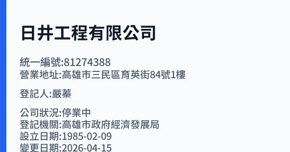 日井工程有限公司的照片-統編 81274388(高雄市) 公司登記資料與營業項目詳細圖表