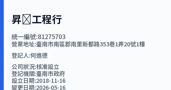昇肻工程行的照片-統編 81275703(臺南市) 公司登記資料與營業項目詳細圖表