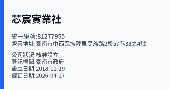 芯宸實業社的照片-統編 81277955(臺南市) 公司登記資料與營業項目詳細圖表