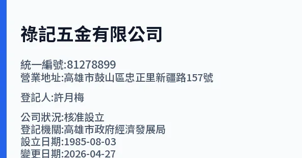 祿記五金有限公司的照片-統編 81278899(高雄市) 公司登記資料與營業項目詳細圖表