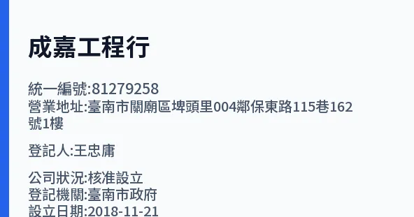 成嘉工程行的照片-統編 81279258(臺南市) 公司登記資料與營業項目詳細圖表