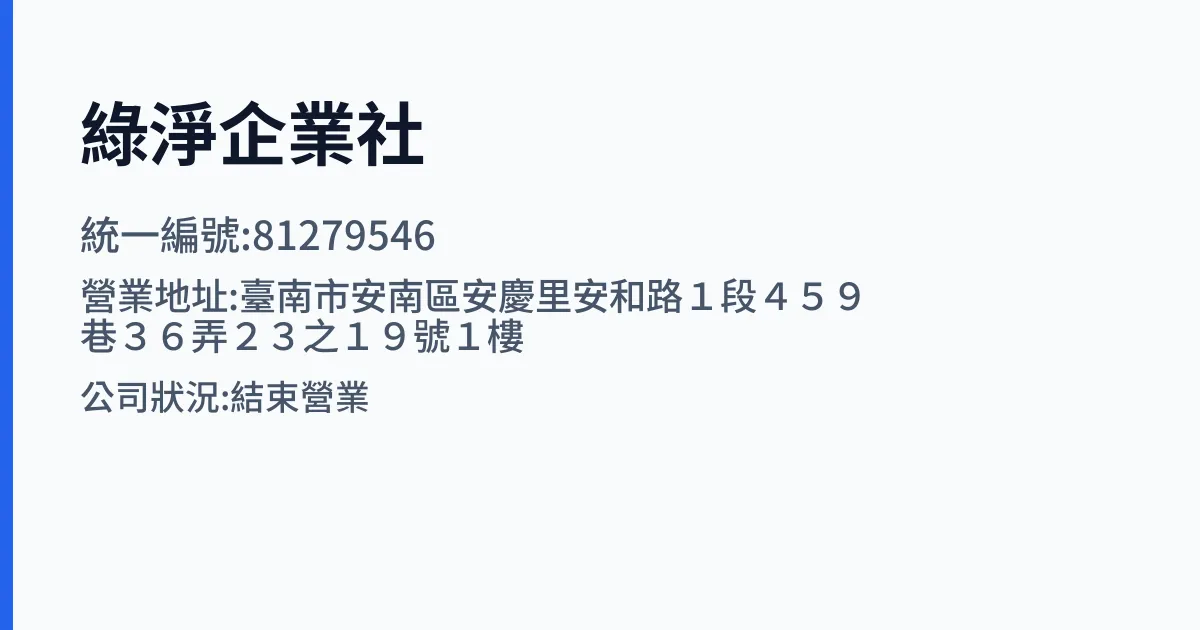 綠淨企業社 - 統編 81279546(臺南市) 公司登記資料與營業項目詳細圖表