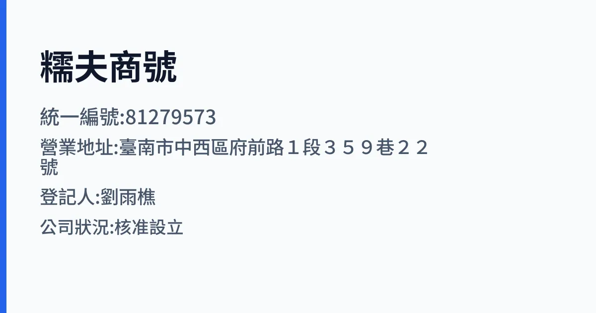 糯夫商號 - 統編 81279573(臺南市) 公司登記資料與營業項目詳細圖表
