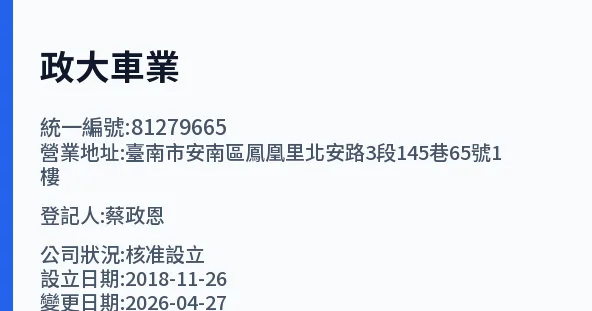 政大車業的照片-統編 81279665(臺南市) 公司登記資料與營業項目詳細圖表