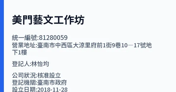 美門藝文工作坊的照片-統編 81280059(臺南市) 公司登記資料與營業項目詳細圖表