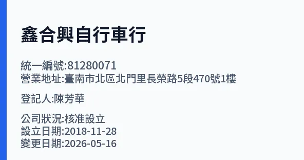 鑫合興自行車行的照片-統編 81280071(臺南市) 公司登記資料與營業項目詳細圖表