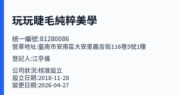 玩玩睫毛純粹美學的照片-統編 81280086(臺南市) 公司登記資料與營業項目詳細圖表