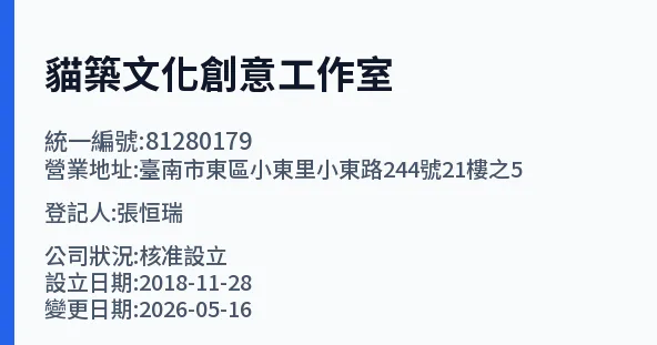 貓築文化創意工作室的照片-統編 81280179(臺南市) 公司登記資料與營業項目詳細圖表