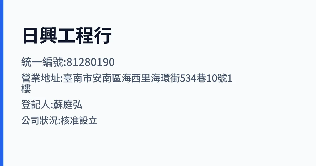 日興工程行 - 統編 81280190（臺南市） 公司登記資料與營業項目詳細圖表