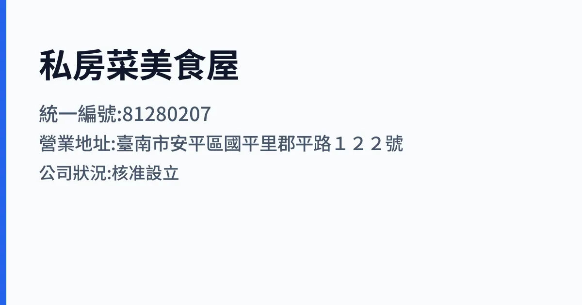 私房菜美食屋 - 統編 81280207(臺南市) 公司登記資料與營業項目詳細圖表