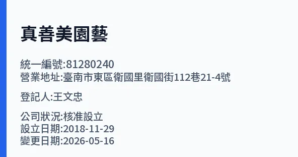 真善美園藝的照片-統編 81280240(臺南市) 公司登記資料與營業項目詳細圖表