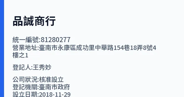 品誠商行的照片-統編 81280277(臺南市) 公司登記資料與營業項目詳細圖表