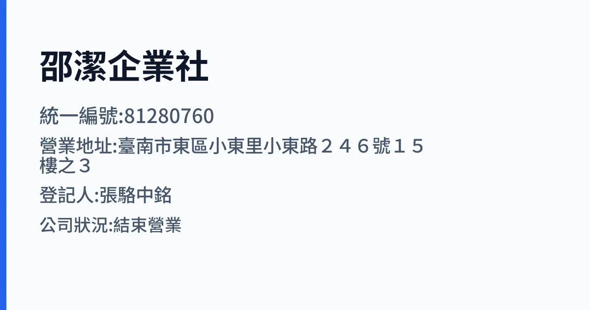 邵潔企業社 - 統編 81280760(臺南市) 公司登記資料與營業項目詳細圖表