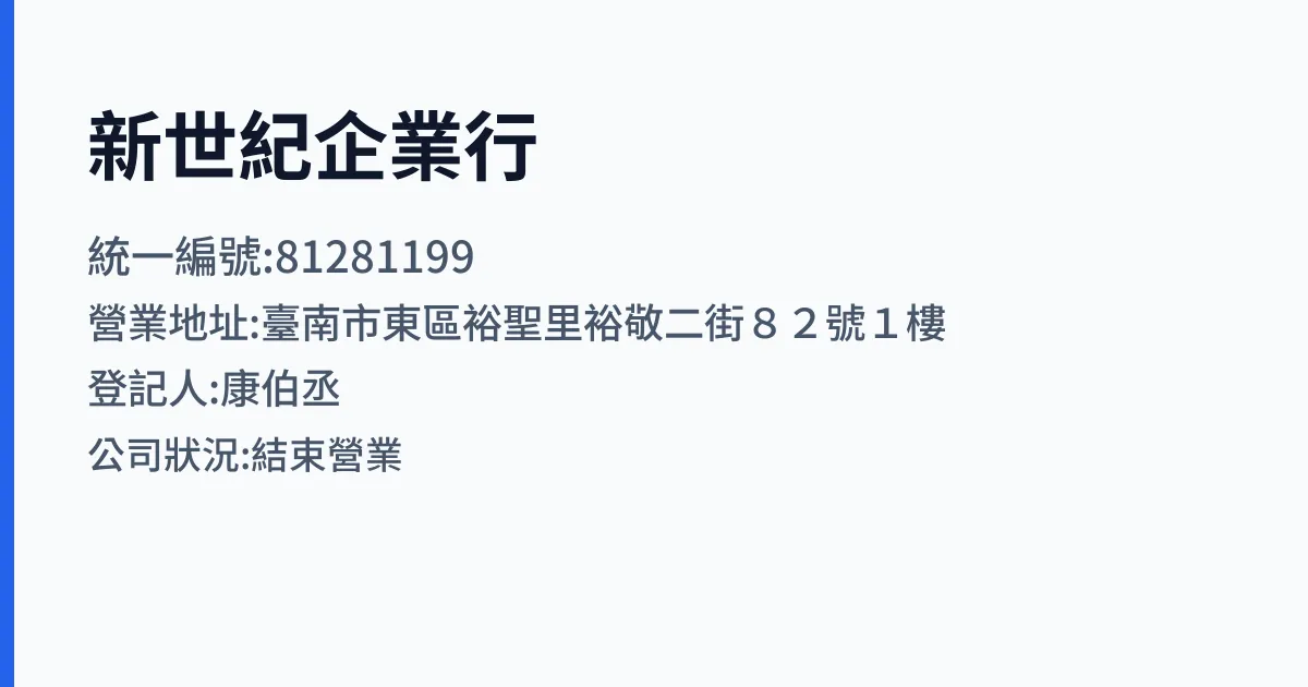 新世紀企業行 - 統編 81281199(臺南市) 公司登記資料與營業項目詳細圖表