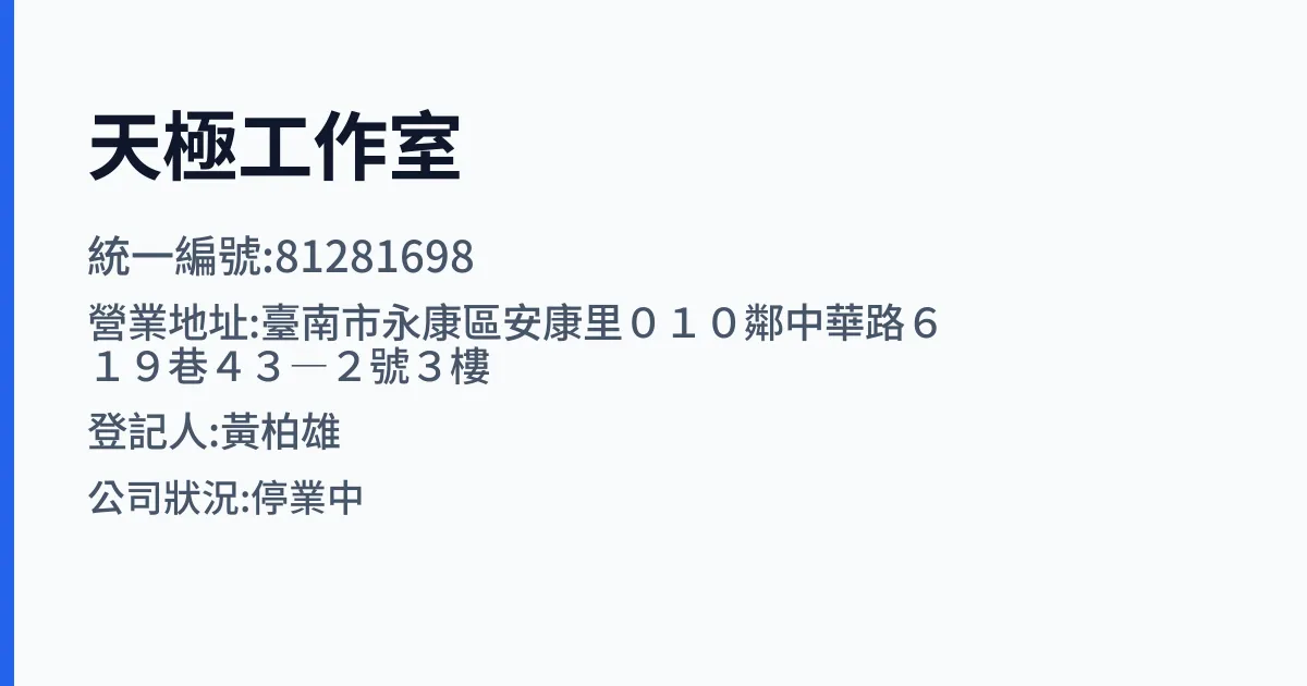 天極工作室 - 統編 81281698(臺南市) 公司登記資料與營業項目詳細圖表