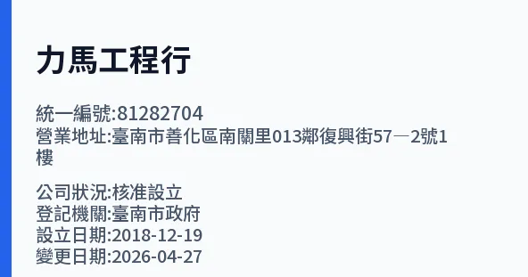 力馬工程行的照片-統編 81282704(臺南市) 公司登記資料與營業項目詳細圖表