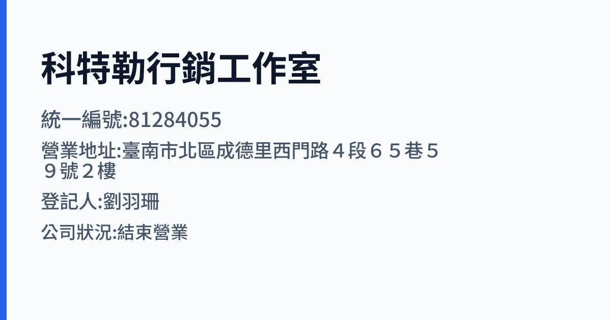 科特勒行銷工作室 - 統編 81284055(臺南市) 公司登記資料與營業項目詳細圖表