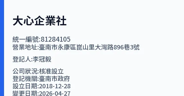 大心企業社的照片-統編 81284105(臺南市) 公司登記資料與營業項目詳細圖表