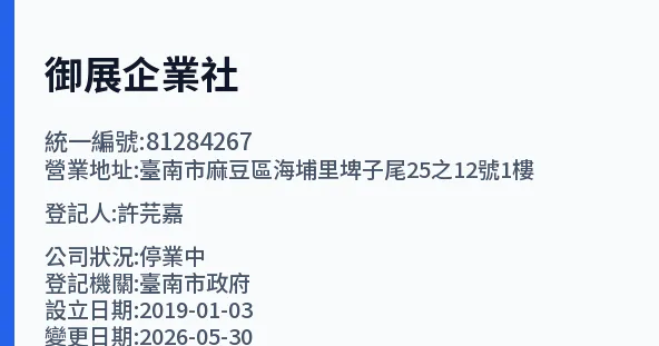 御展企業社的照片-統編 81284267(臺南市) 公司登記資料與營業項目詳細圖表