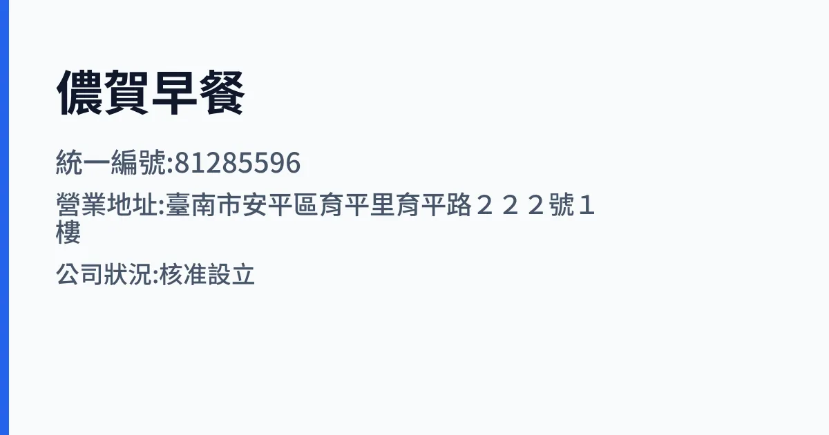 儂賀早餐 - 統編 81285596(臺南市) 公司登記資料與營業項目詳細圖表