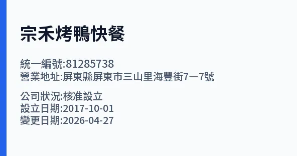 宗禾烤鴨快餐的照片-統編 81285738(屏東縣) 公司登記資料與營業項目詳細圖表