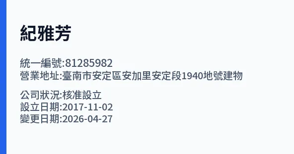 紀雅芳的照片-統編 81285982(臺南市) 公司登記資料與營業項目詳細圖表