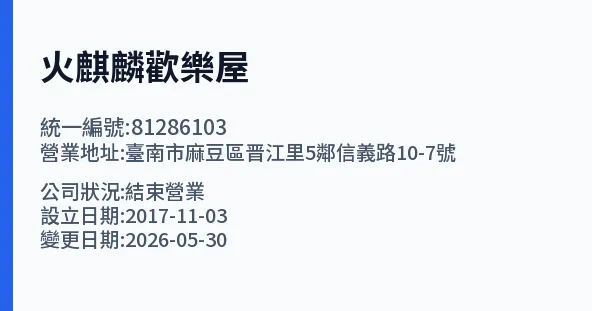 火麒麟歡樂屋的照片-統編 81286103(臺南市) 公司登記資料與營業項目詳細圖表
