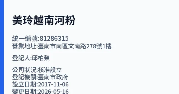 美玲越南河粉的照片-統編 81286315(臺南市) 公司登記資料與營業項目詳細圖表