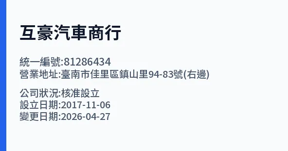 互豪汽車商行的照片-統編 81286434(臺南市) 公司登記資料與營業項目詳細圖表