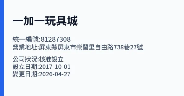 一加一玩具城的照片-統編 81287308(屏東縣) 公司登記資料與營業項目詳細圖表