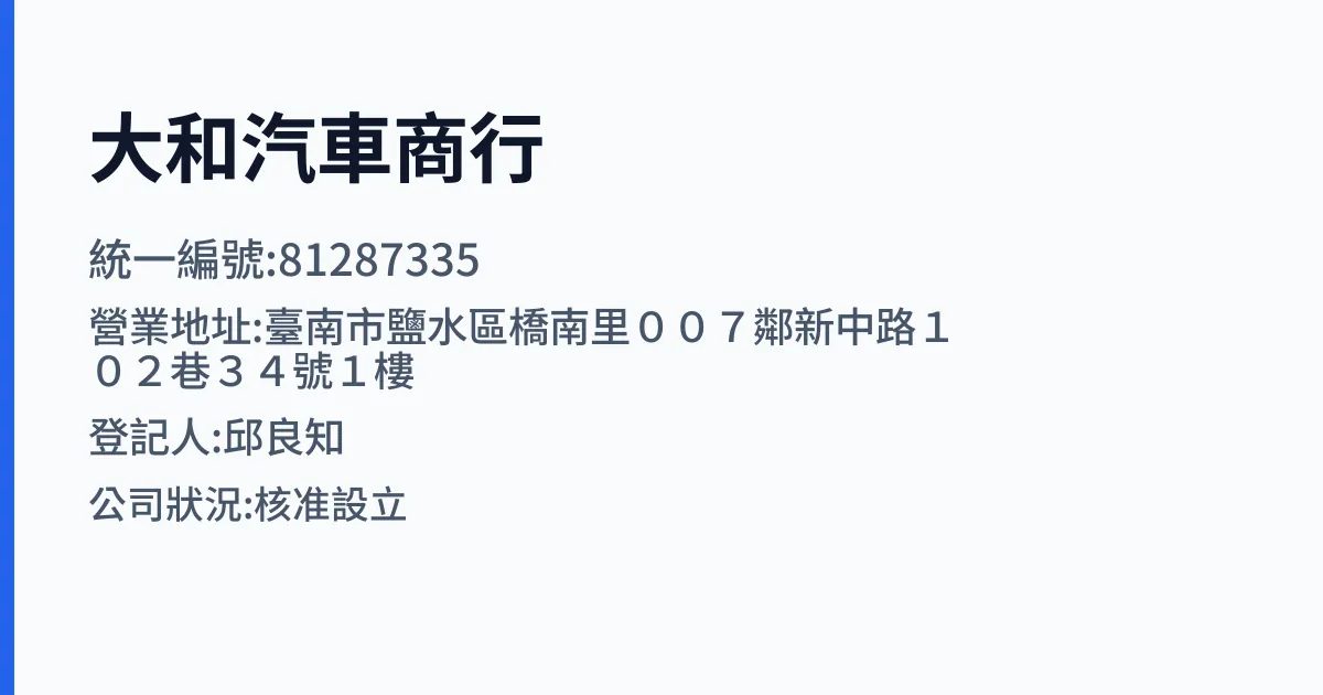 大和汽車商行 - 統編 81287335(臺南市) 公司登記資料與營業項目詳細圖表