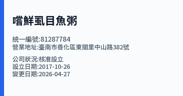 嚐鮮虱目魚粥的照片-統編 81287784(臺南市) 公司登記資料與營業項目詳細圖表