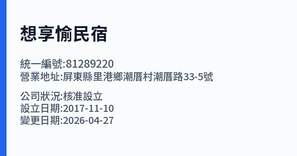 想享愉民宿的照片-統編 81289220(屏東縣) 公司登記資料與營業項目詳細圖表