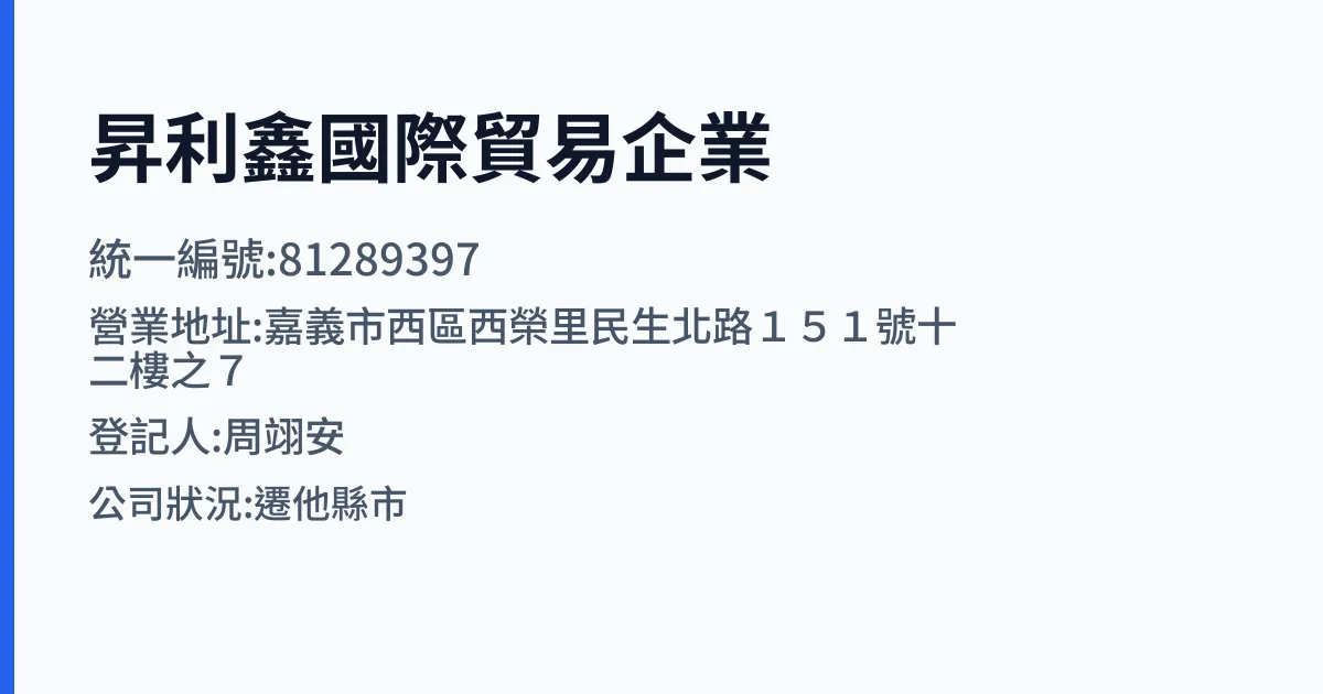 昇利鑫國際貿易企業 - 統編 81289397(嘉義縣) 公司登記資料與營業項目詳細圖表
