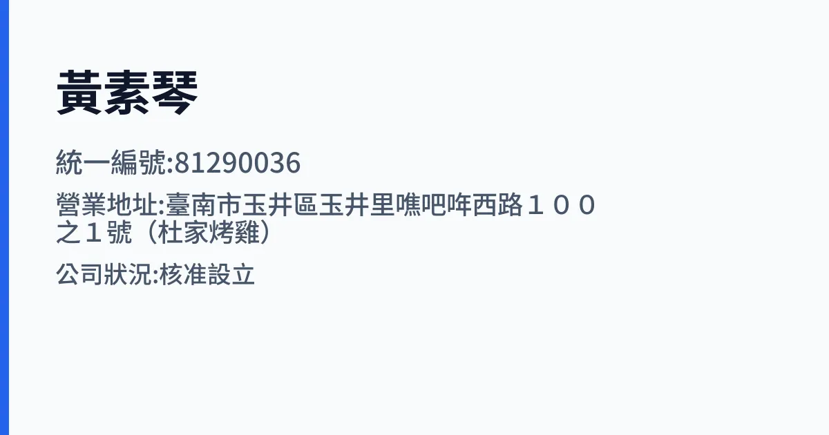 黃素琴 - 統編 81290036(臺南市) 公司登記資料與營業項目詳細圖表
