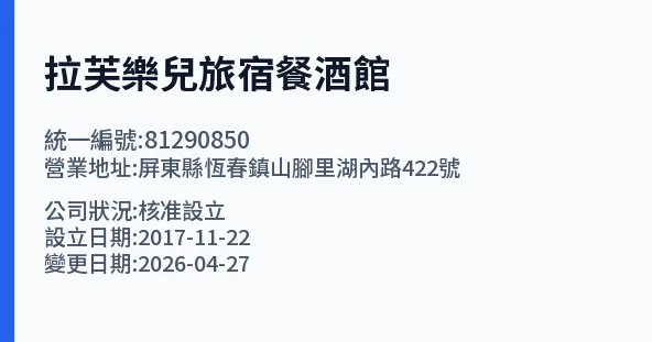 拉芙樂兒旅宿餐酒館的照片-統編 81290850(屏東縣) 公司登記資料與營業項目詳細圖表