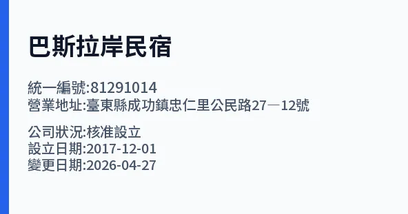 巴斯拉岸民宿的照片-統編 81291014(臺東縣) 公司登記資料與營業項目詳細圖表