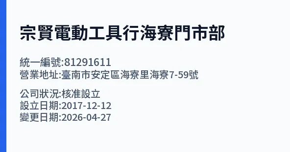 宗賢電動工具行海寮門市部的照片-統編 81291611(臺南市) 公司登記資料與營業項目詳細圖表