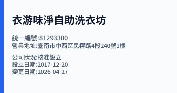 衣游味淨自助洗衣坊的照片-統編 81293300(臺南市) 公司登記資料與營業項目詳細圖表