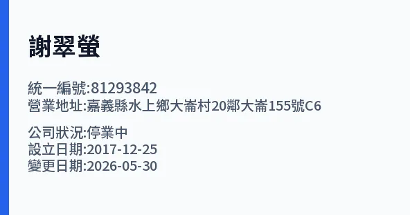 謝翠螢的照片-統編 81293842(嘉義縣) 公司登記資料與營業項目詳細圖表