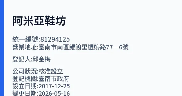 阿米亞鞋坊的照片-統編 81294125(臺南市) 公司登記資料與營業項目詳細圖表
