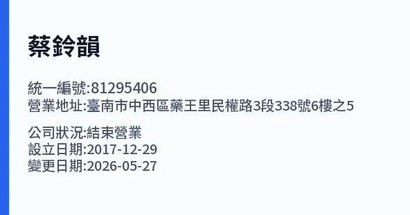 蔡鈴韻的照片-統編 81295406(臺南市) 公司登記資料與營業項目詳細圖表