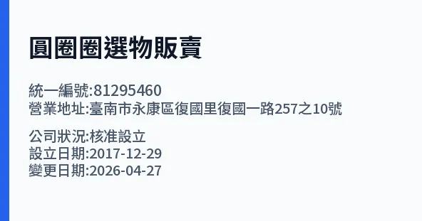 圓圈圈選物販賣的照片-統編 81295460(臺南市) 公司登記資料與營業項目詳細圖表