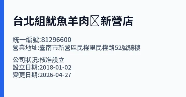 台北組魷魚羊肉焿新營店的照片-統編 81296600(臺南市) 公司登記資料與營業項目詳細圖表