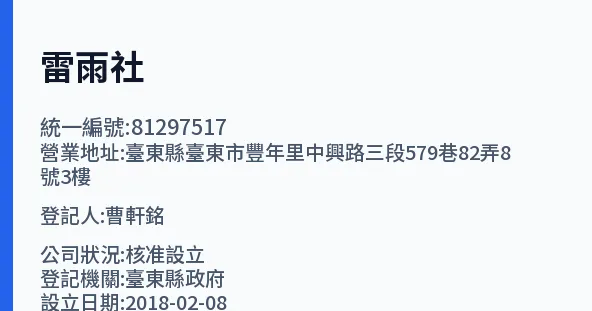 雷雨社的照片-統編 81297517(臺東縣) 公司登記資料與營業項目詳細圖表